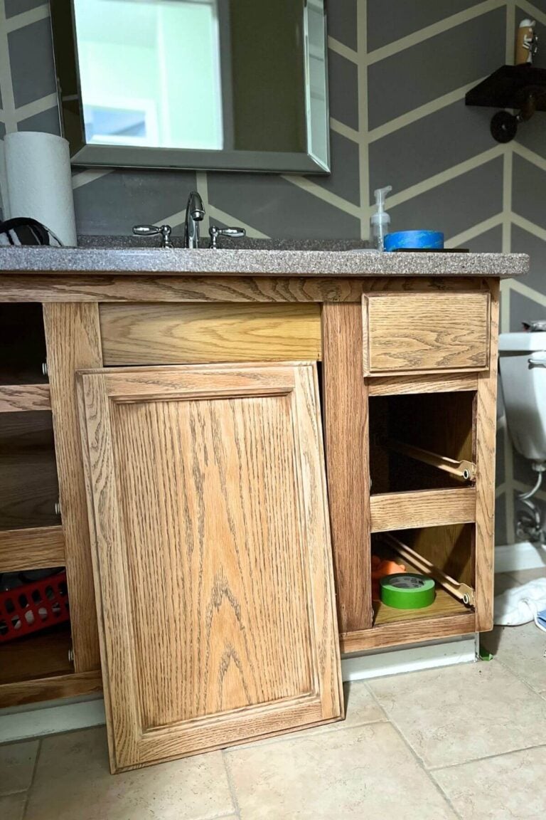 How To Whitewash Oak Cabinets For A Boho Chic Vanity Makeover - The DIY ...