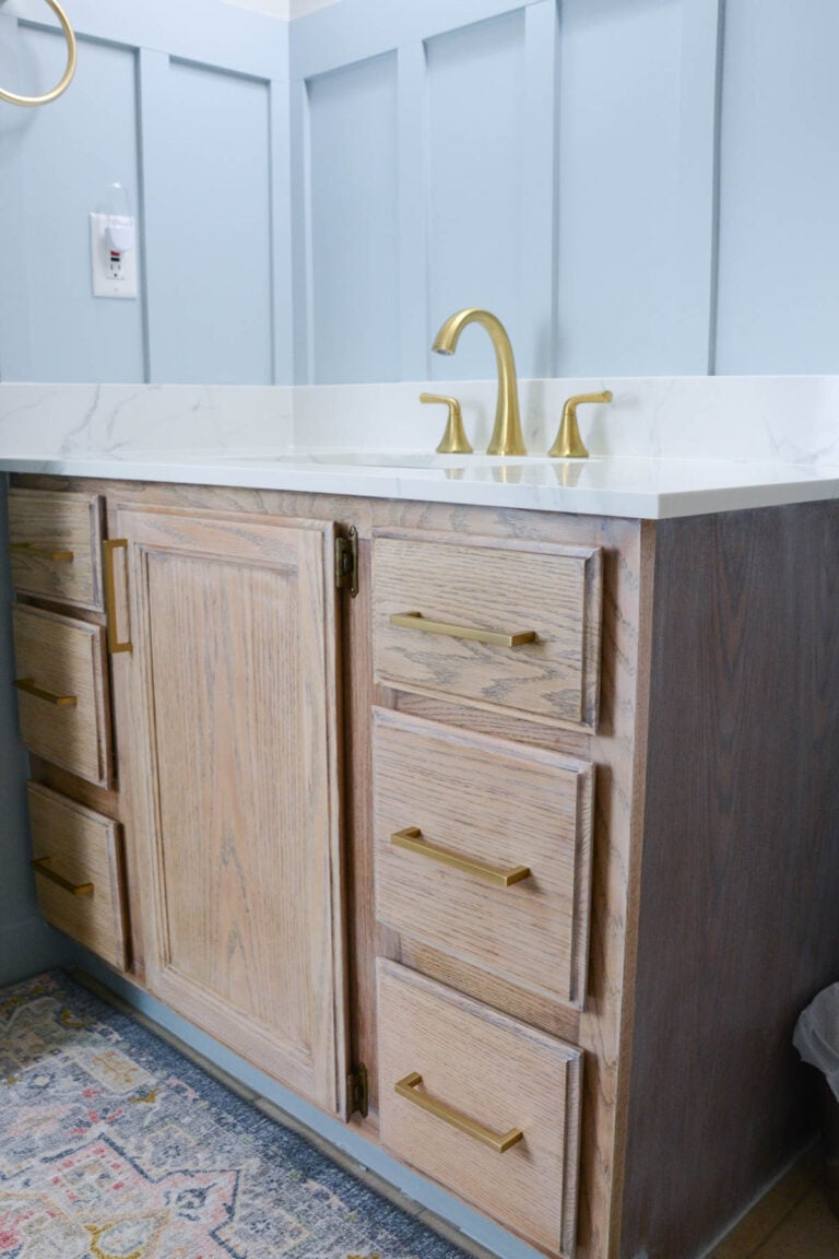 How To Whitewash Oak Cabinets For A Boho Chic Vanity Makeover - The DIY ...