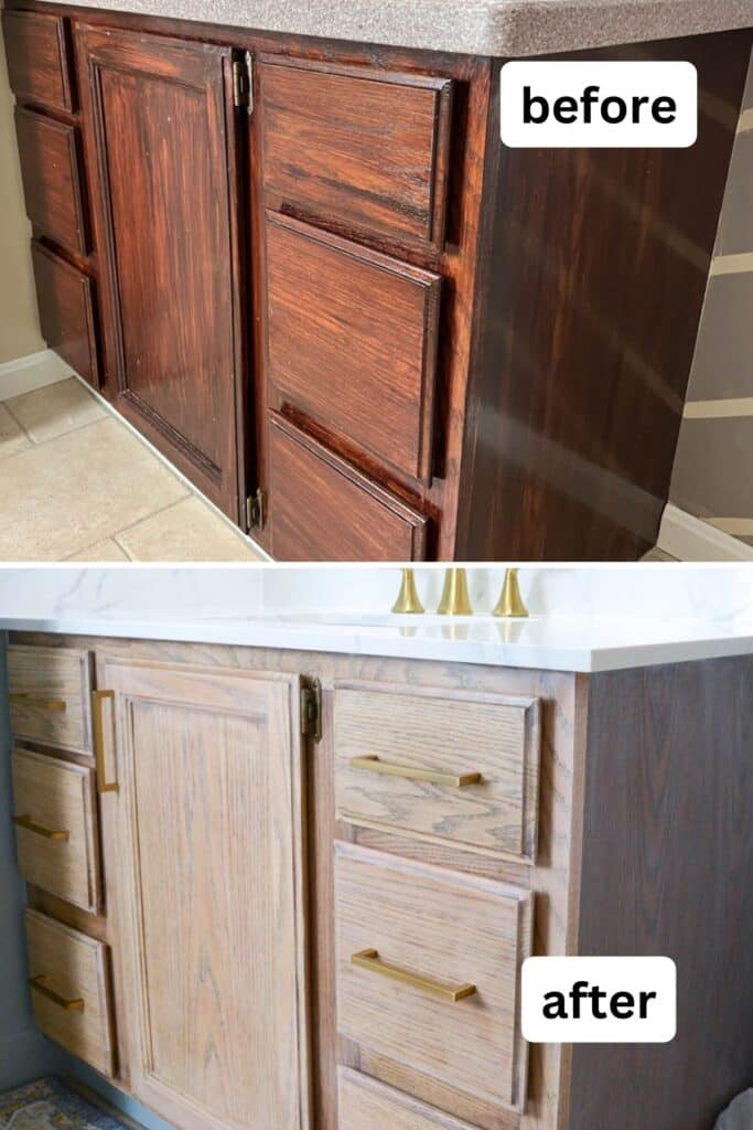 How To Whitewash Oak Cabinets For A Boho Chic Vanity Makeover - The DIY ...