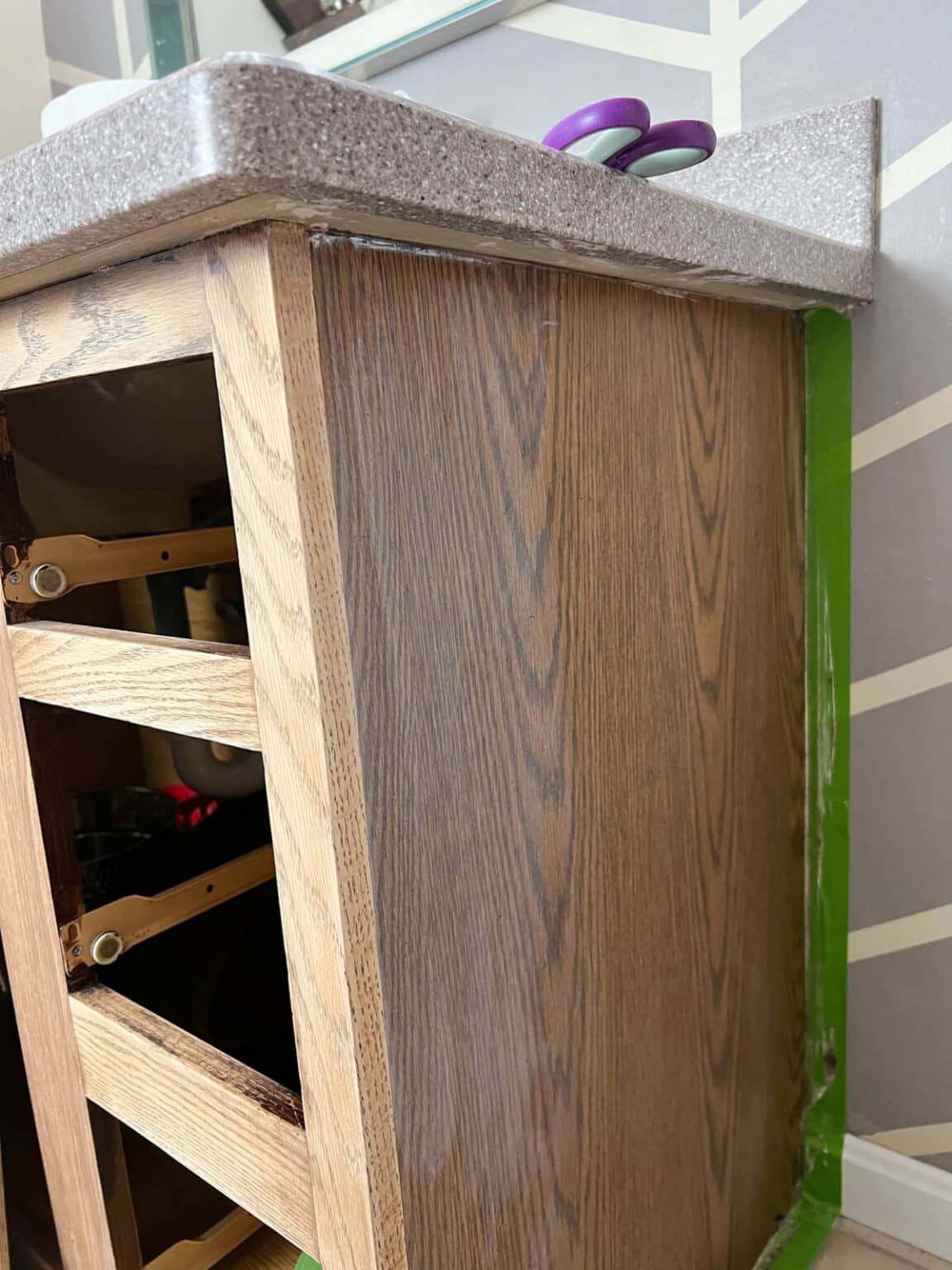 How To Whitewash Oak Cabinets For A Boho Chic Vanity Makeover - The DIY ...